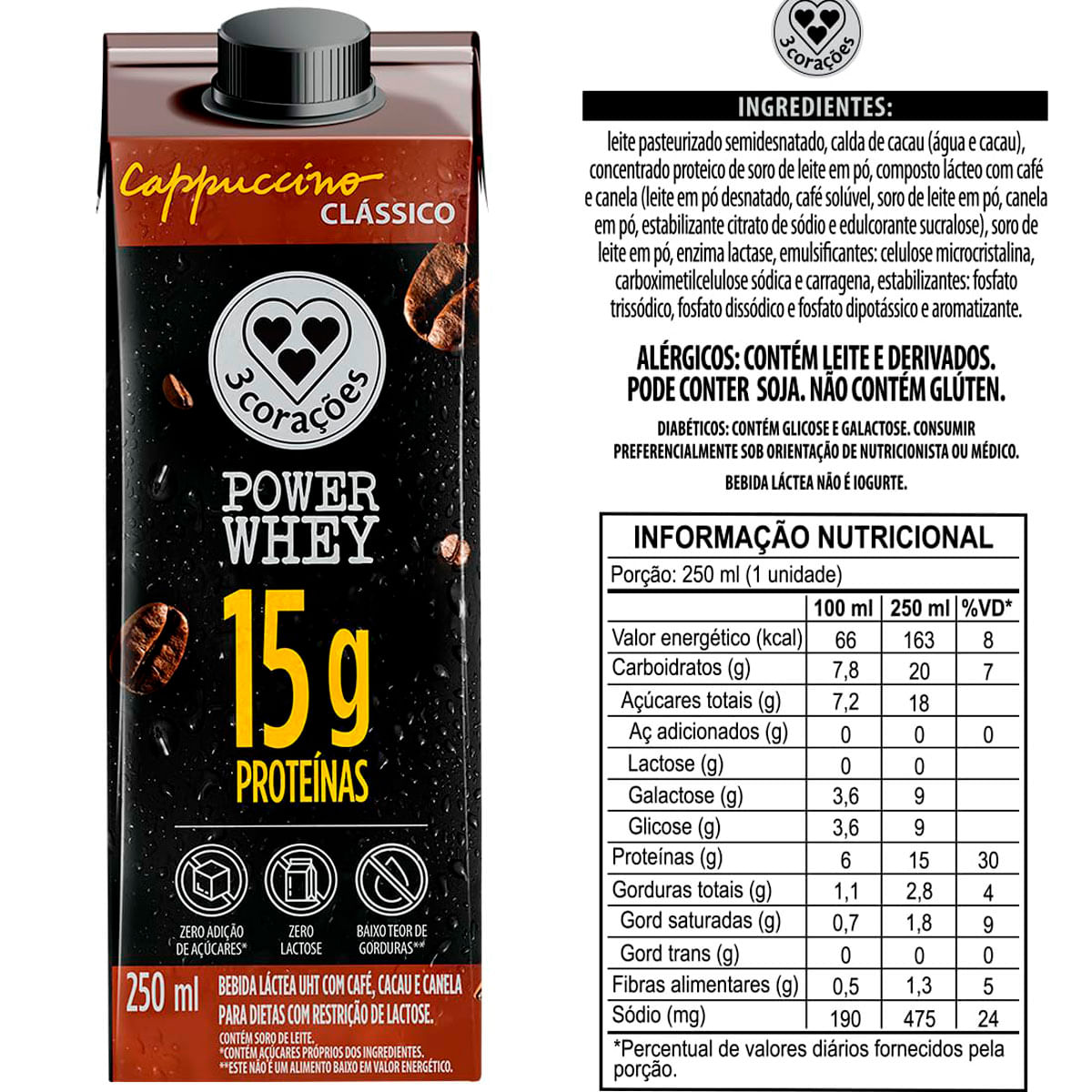 Bebida Láctea 3 Corações Power Whey Cappuccino Cookies N'Cream 250ml