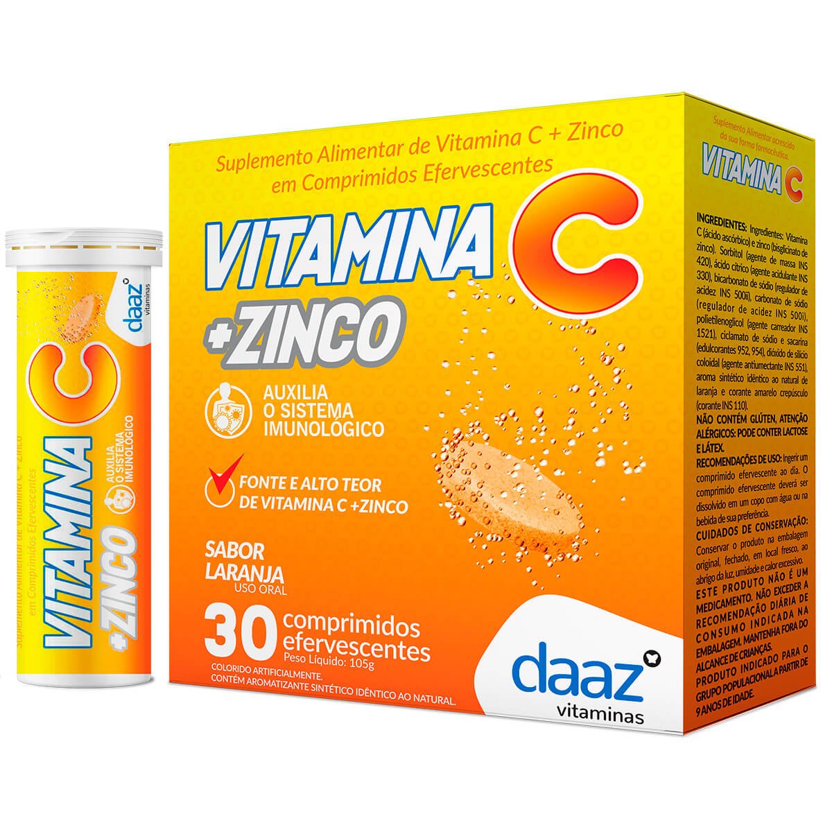 Vitamina C + Zinco Daaz com 30 Comprimidos Efervescentes