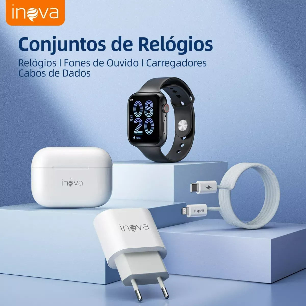 Kit Smartwatch Inova Com Pulseira Preto Lisa Fone E Carregador (MP)