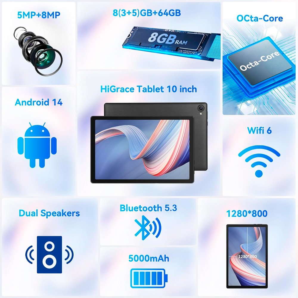 Tablet Higrace Preto 64GB Android 10 Tela 10" Câmera 8MP (BI)
