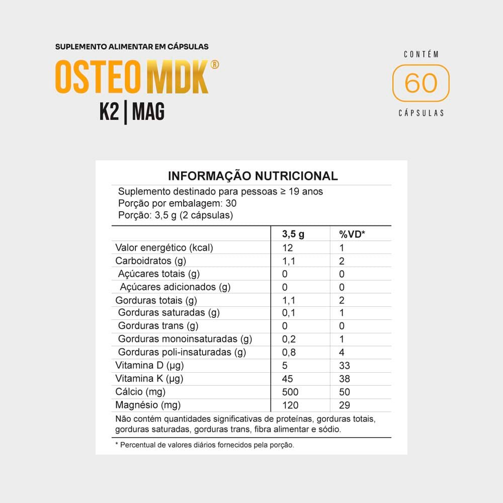 Osteo MDK 60 Cápsulas Cálcio Magnésio Vitamina D3 e K2 Fortlife