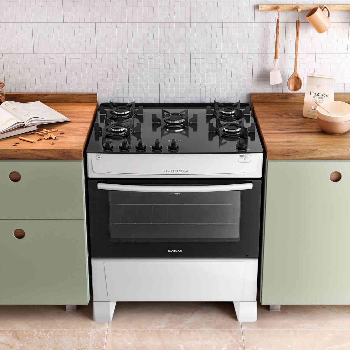 Fogão 5 Bocas Atlas Automático Bivolt Mônaco Top Glass Branco 300000710