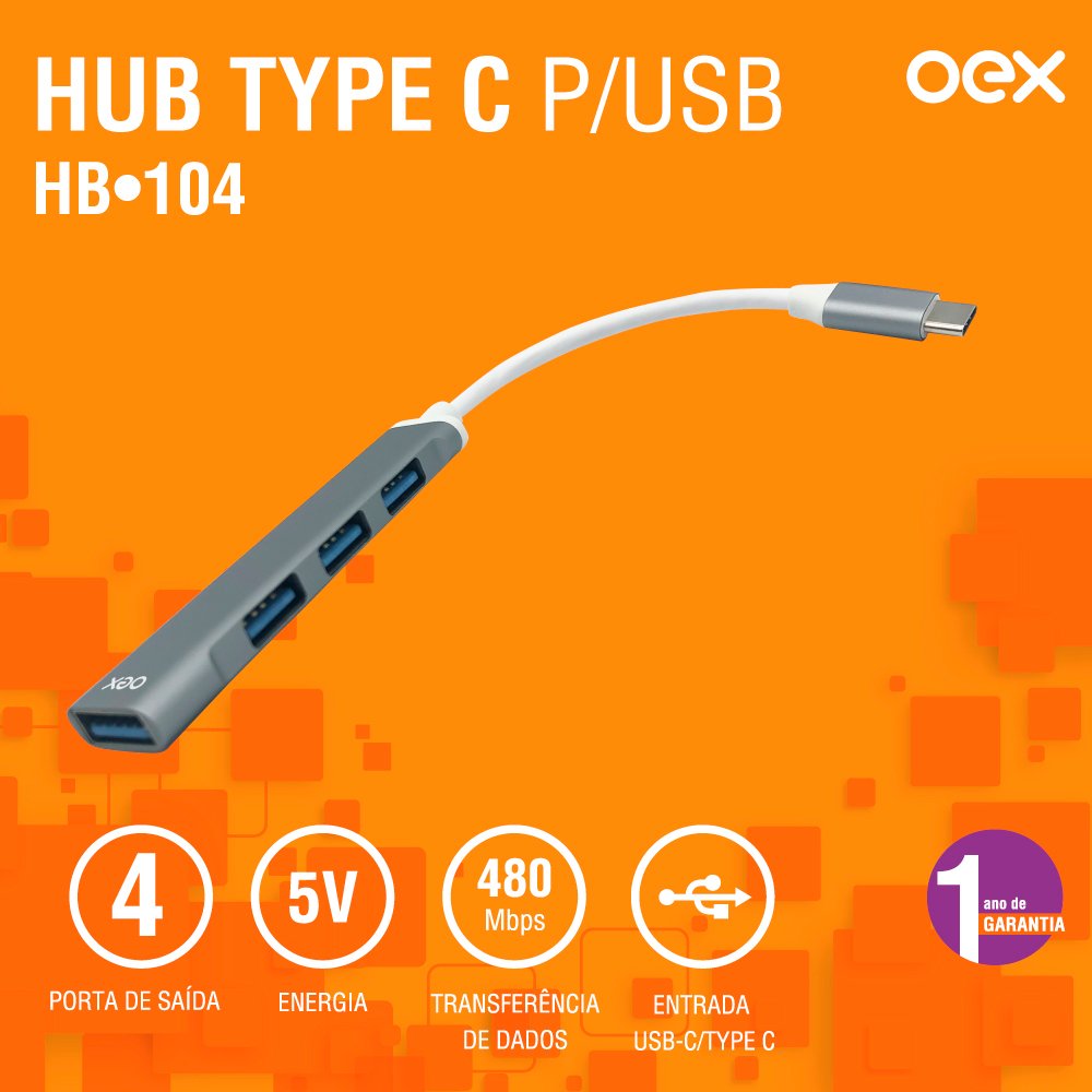 Distribuidor de Conexão Hub Type C para USB Chumbo OEX HB104