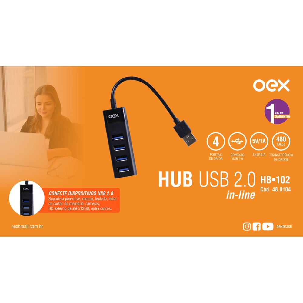 HUB USB Com 4 Portas OEX Preto HB102