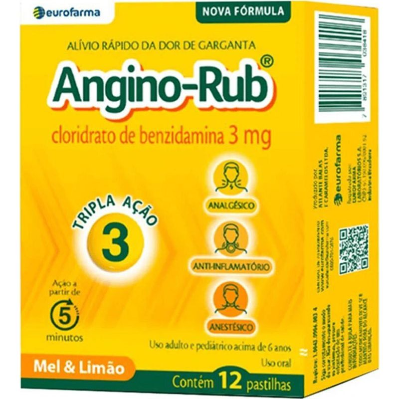 Angino Rub Cloridrato de Benzidamina 3mg 12 Pastilhas Sabor Mel Limão ...