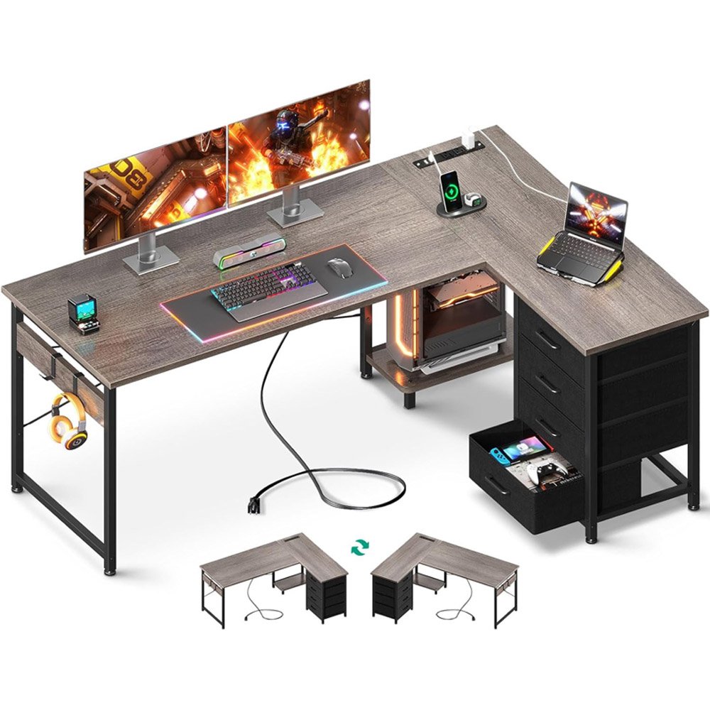 Mesa gamer em L 4 gavetas carregamento USB cinza AODK | Bemol
