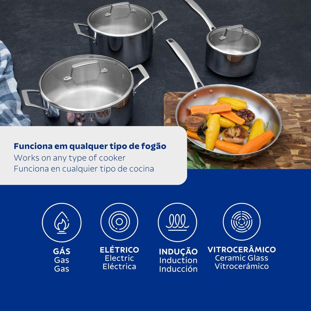 Jogo De Panelas Tramontina Grano Glass Aço Inox Tampa De Vidro 4 Peças (MP)
