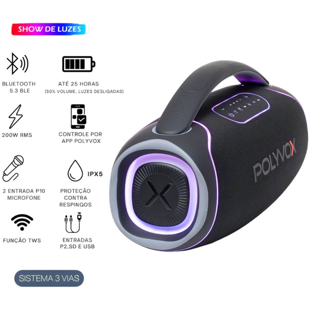 Caixa de Som Bluetooth 200W Polyvox Boombox Preto